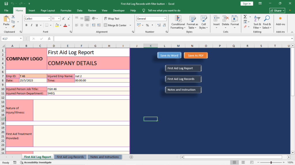 First Aid Log Template - Excel Data Entry Sheets