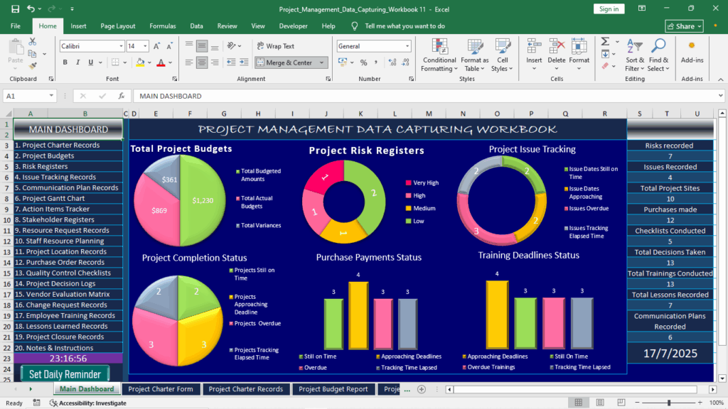 Project Management Workbook Template - Excel Data Entry Sheets
