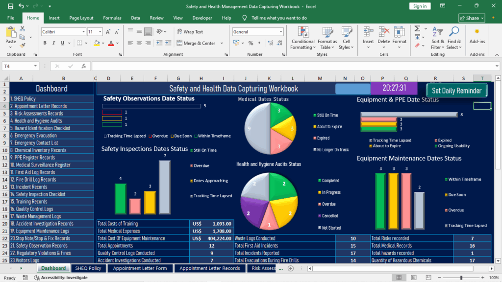 SHEQ Officer Log Workbook - Excel Data Entry Sheets