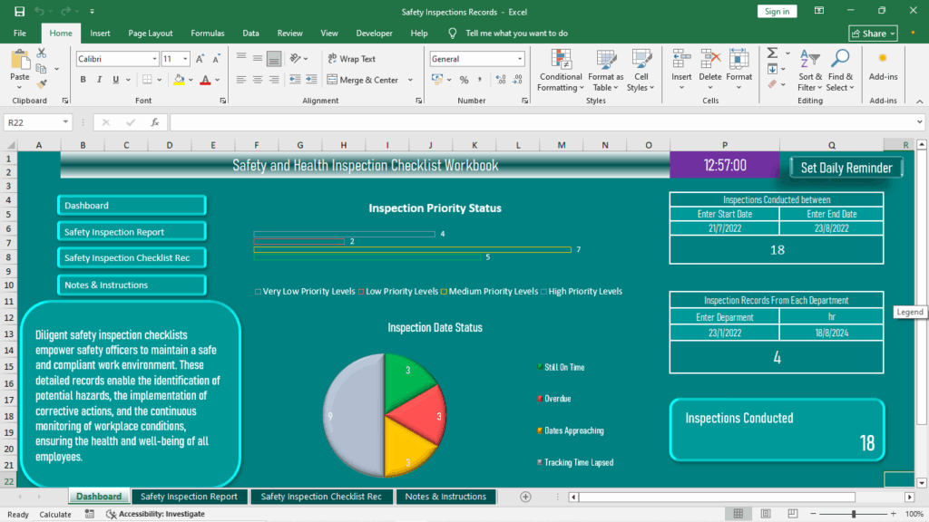 Safety and Health Inspection Checklist Template - Excel Data Entry Sheets