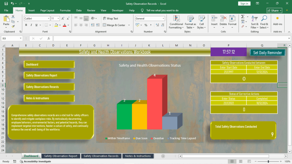 Safety and Health Observations Template - Excel Data Entry Sheets